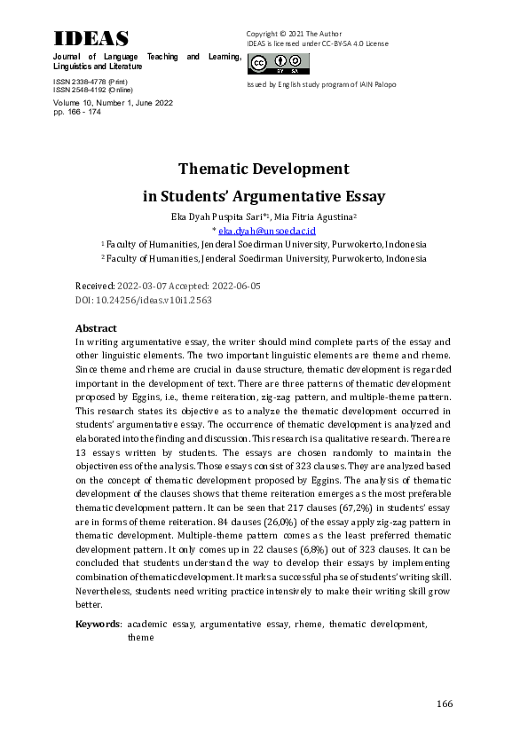 (PDF) Thematic Development in Students’ Argumentative Essay