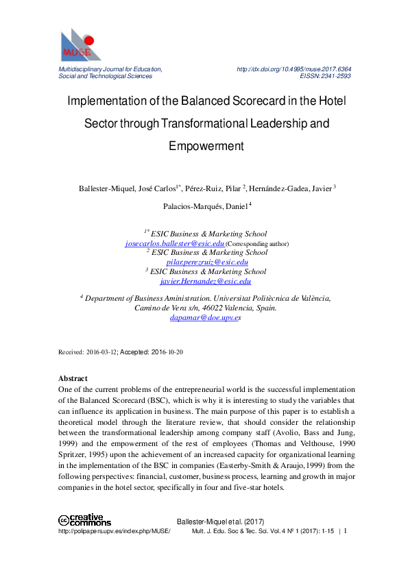 (PDF) Implementation of the Balanced Scorecard in the Hotel Sector through Transformational ...