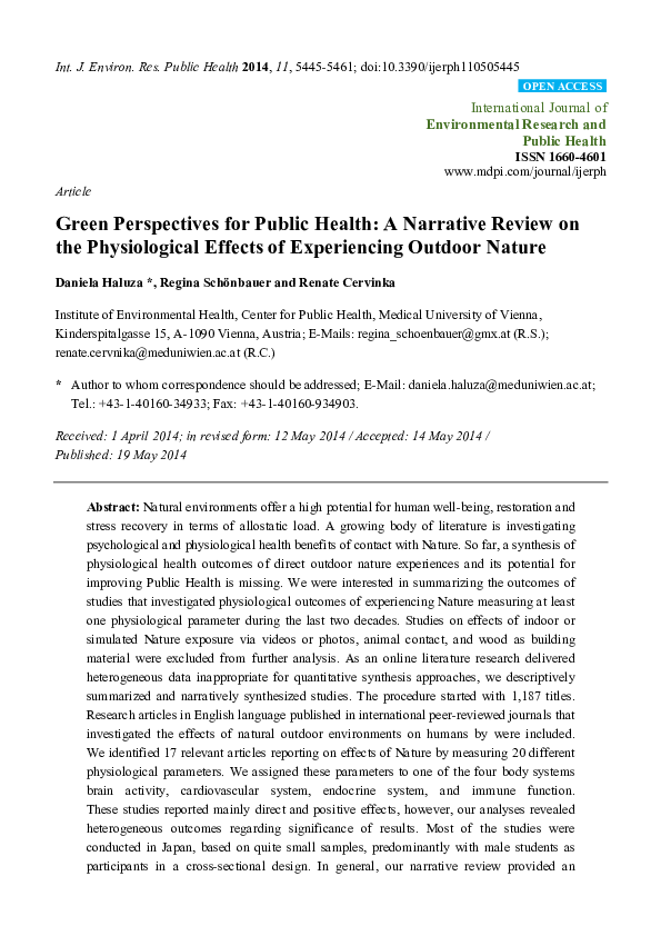 (PDF) Green perspectives for public health: a narrative review on the physiological effects of ...