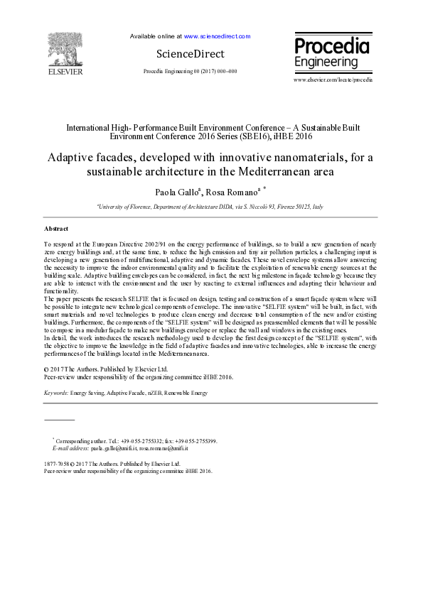 (PDF) Adaptive facades, developed with innovative nanomaterials, for a sustainable architecture ...