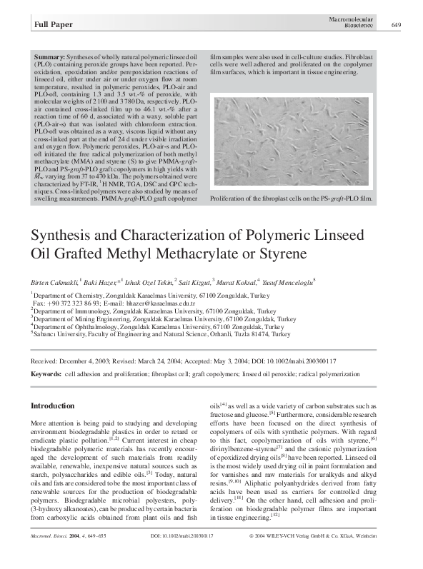 (PDF) Synthesis and Characterization of Polymeric Linseed Oil Grafted Methyl Methacrylate or Styrene