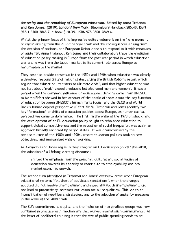 (PDF) Austerity and the remaking of European education | Anna Traianou - Academia.edu