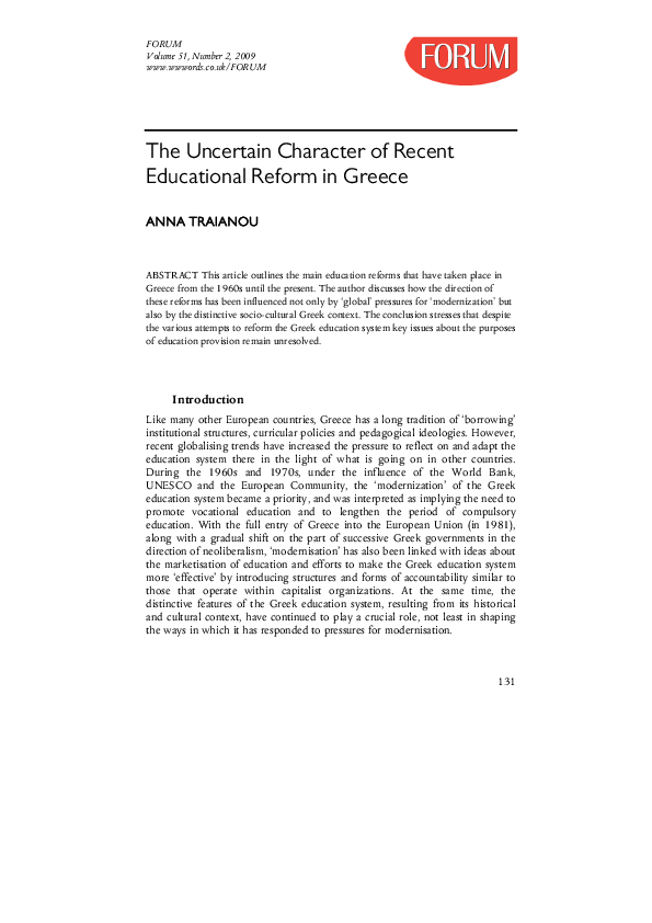 (PDF) The Uncertain Character of Recent Educational Reform in Greece