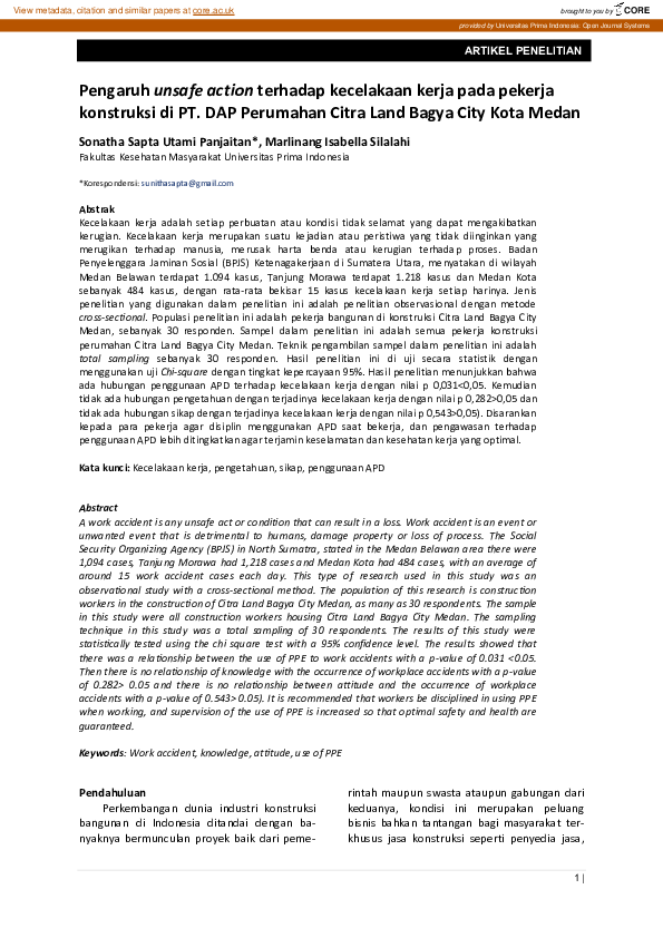 (PDF) Pengaruh unsafe action terhadap kecelakaan kerja pada pekerja konstruksi di PT. DAP ...