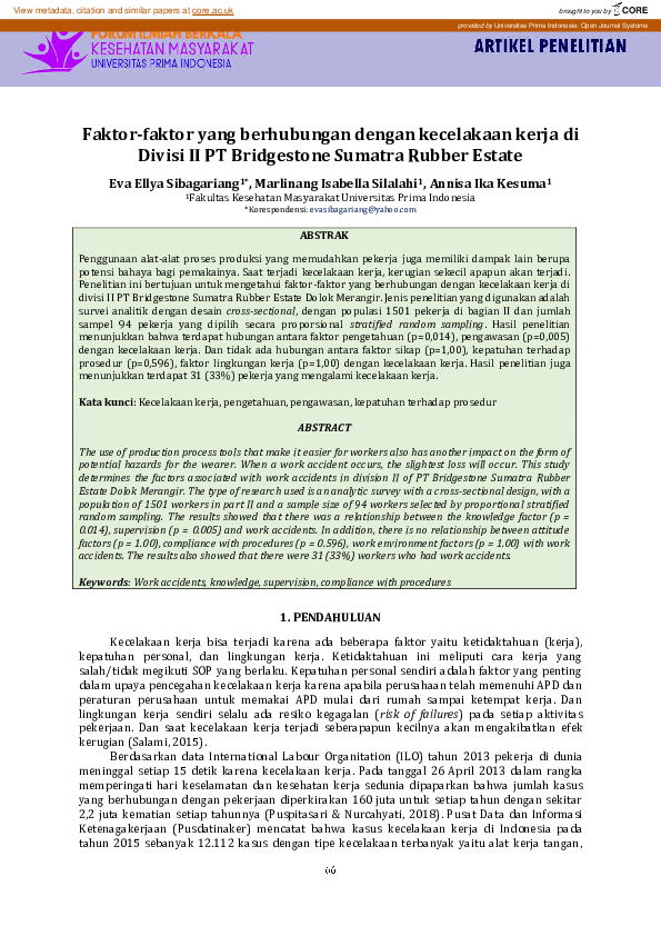 (PDF) Faktor-faktor yang berhubungan dengan kecelakaan kerja di Divisi II PT Bridgestone Sumatra ...