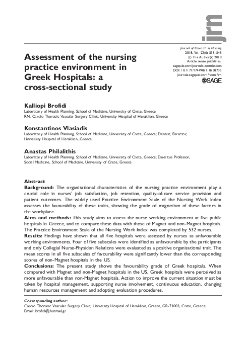 (PDF) Assessment of the nursing practice environment in Greek Hospitals ...