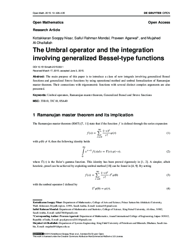 (PDF) The Umbral operator and the integration involving generalized Bessel-type functions
