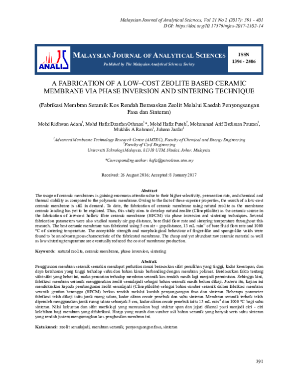 (PDF) A Fabrication of a Low–Cost Zeolite Based Ceramic Membrane via ...