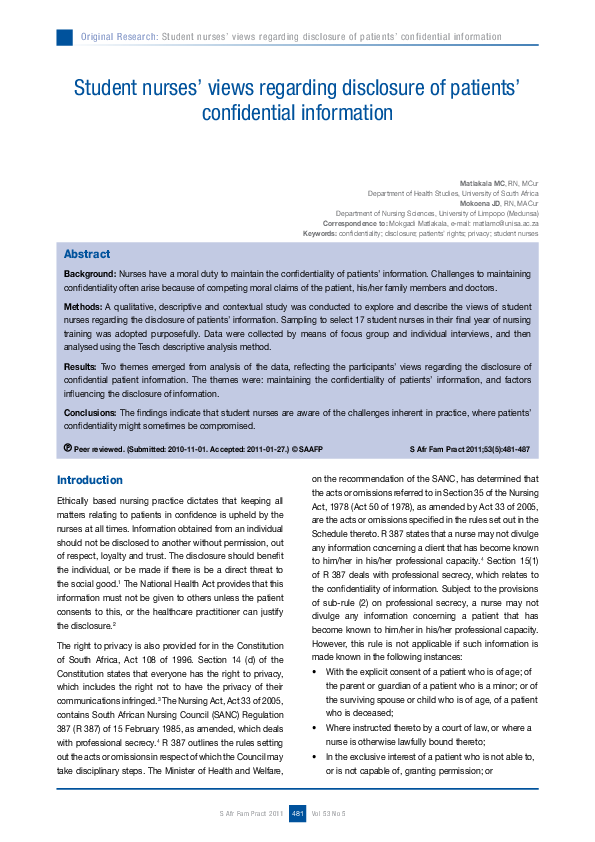 (PDF) Student nurses' views regarding disclosure of patients ...