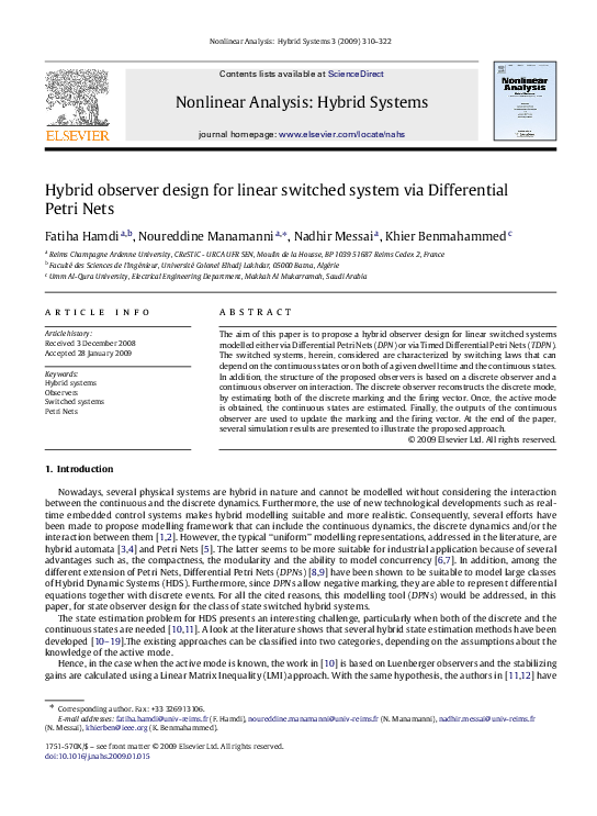(PDF) Hybrid observer design for linear switched system via Differential Petri Nets | Khier ...