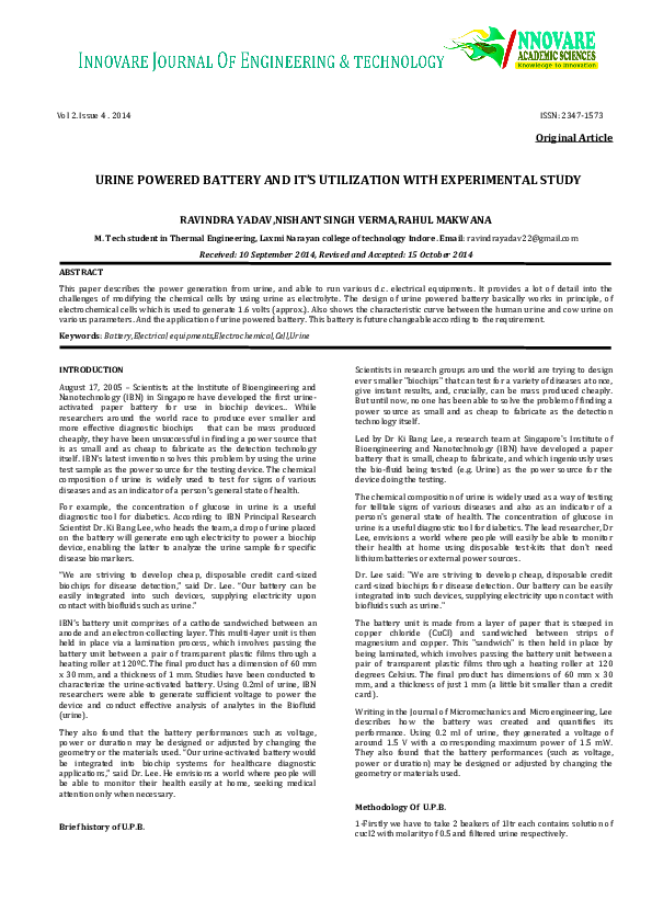 (PDF) Urine Powered Battery and It’s Utilization with Experimental Study