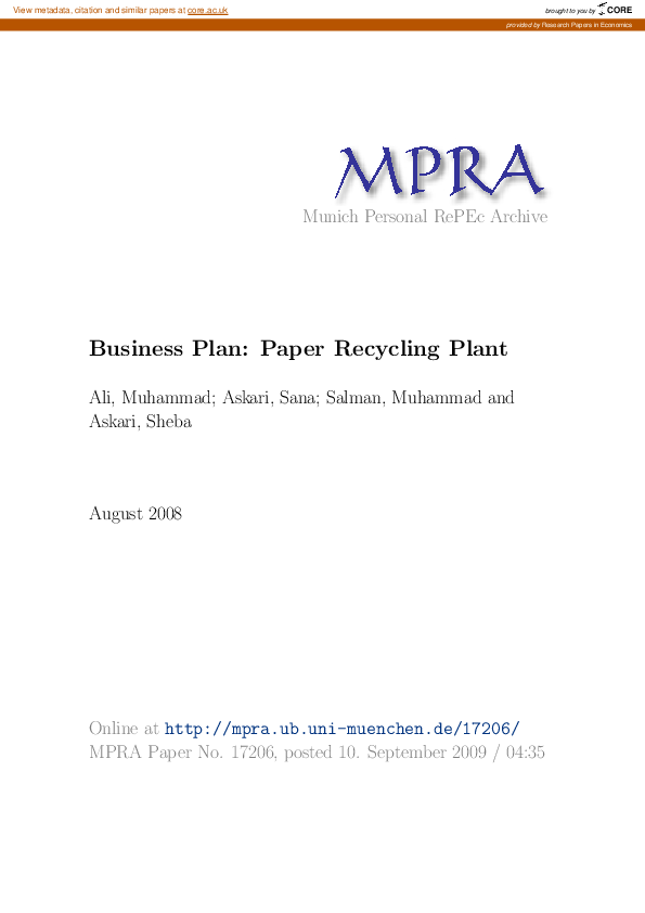 (PDF) Business Plan: Paper Recycling Plant