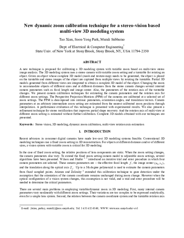 (PDF) New dynamic zoom calibration technique for a stereo-vision-based multiview 3D modeling system