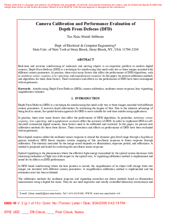 Pdf Camera Calibration And Performance Evaluation Of Depth From