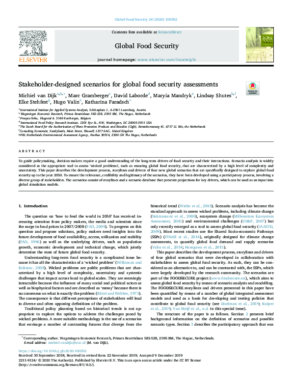 (PDF) Stakeholder-designed scenarios for global food security assessments