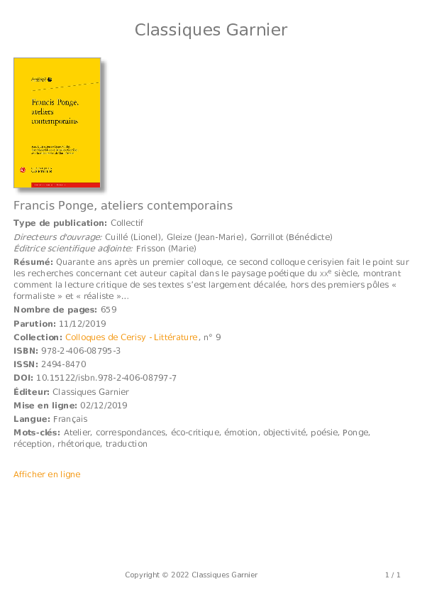 (PDF) Francis Ponge, ateliers contemporains