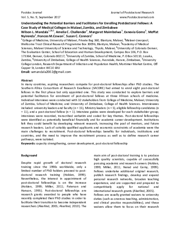 (PDF) Understanding the Potential Barriers and Facilitators for Enrolling Postdoctoral Fellows ...