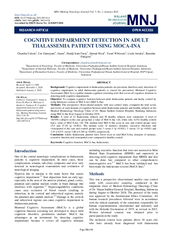 (PDF) Cognitive Impairment Detection in Adult Thalassemia Patient Using Moca-Ina | Ahmad Rizal ...