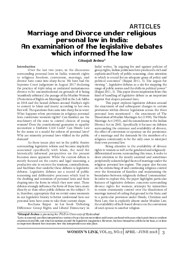 (PDF) Marriage and Divorce under religious personal law in India: An examination of the ...