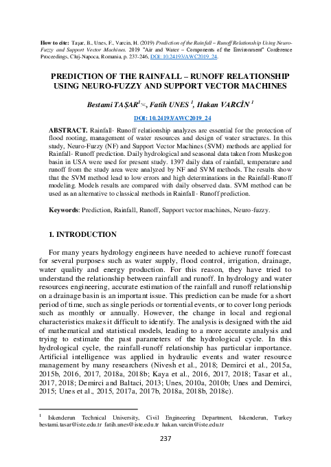 (PDF) Prediction of the Rainfall – Runoff Relationship Using Neuro-Fuzzy and Support Vector Machines