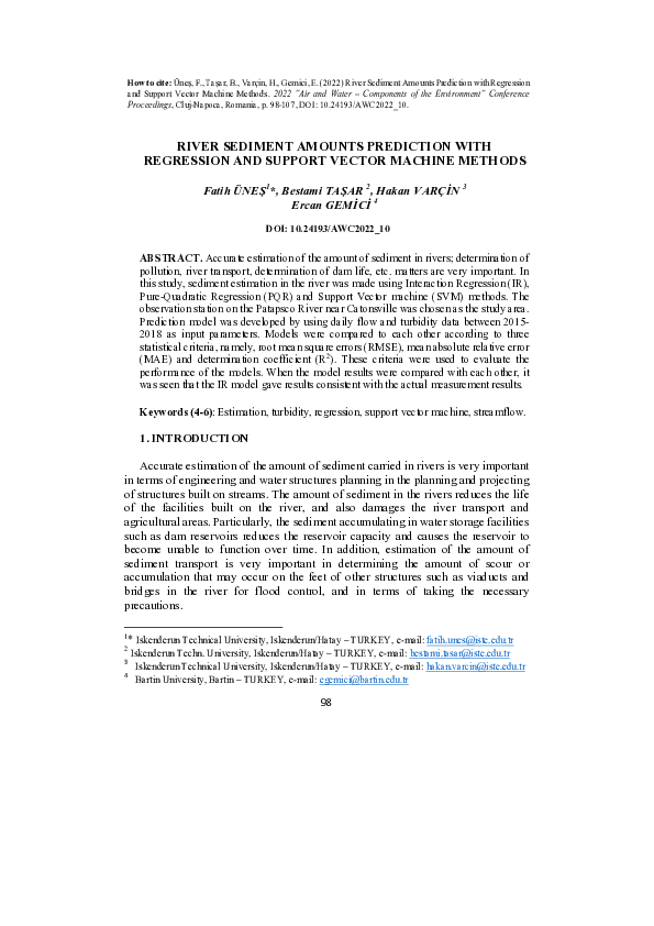 Pdf River Sediment Amounts Prediction With Regression And Support Vector Machine Methods