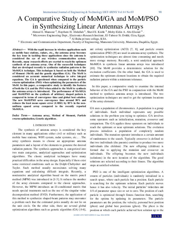 (PDF) A Comparative Study of MoM/GA and MoM/PSO in Synthesizing Linear Antennas Arrays