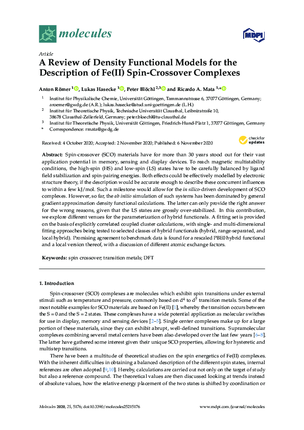 (PDF) A Review of Density Functional Models for the Description of Fe(II) Spin-Crossover Complexes