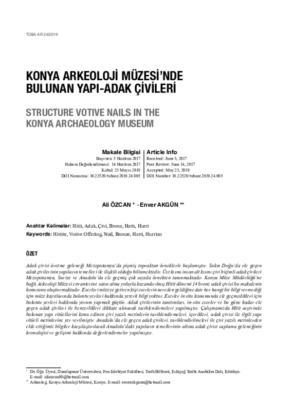 (PDF) Structure Votive Nails in the Konya Archaeology Museum