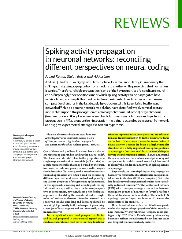 (PDF) Spiking activity propagation in neuronal networks: reconciling different perspectives on ...