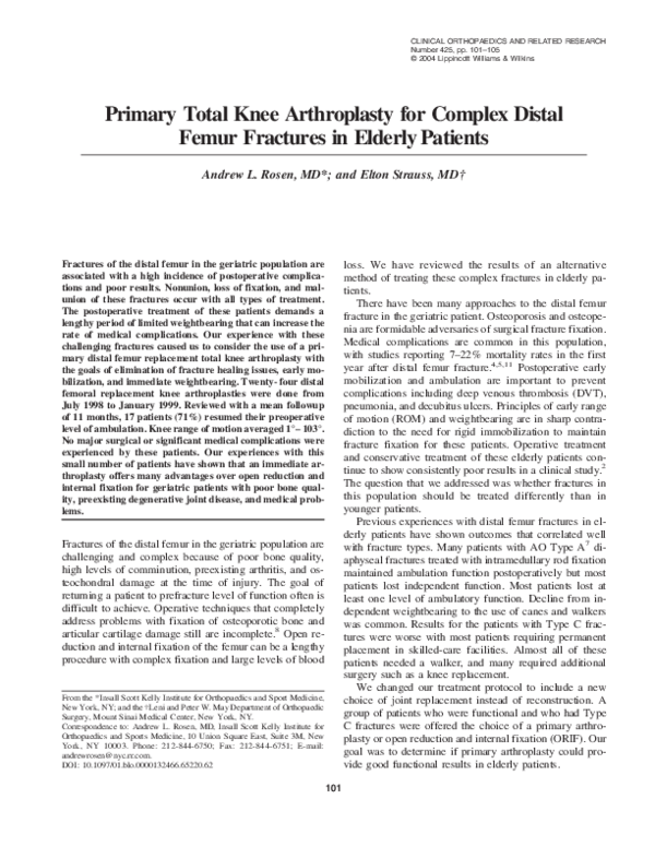 (PDF) Primary Total Knee Arthroplasty for Complex Distal Femur Fractures in Elderly Patients