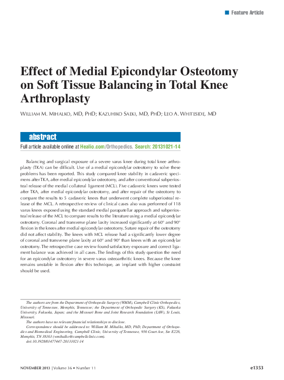 (PDF) Effect of Medial Epicondylar Osteotomy on Soft Tissue Balancing in Total Knee Arthroplasty