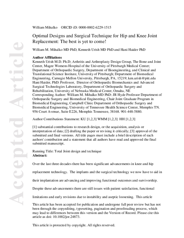 (PDF) Optimal designs and surgical technique for hip and knee joint ...