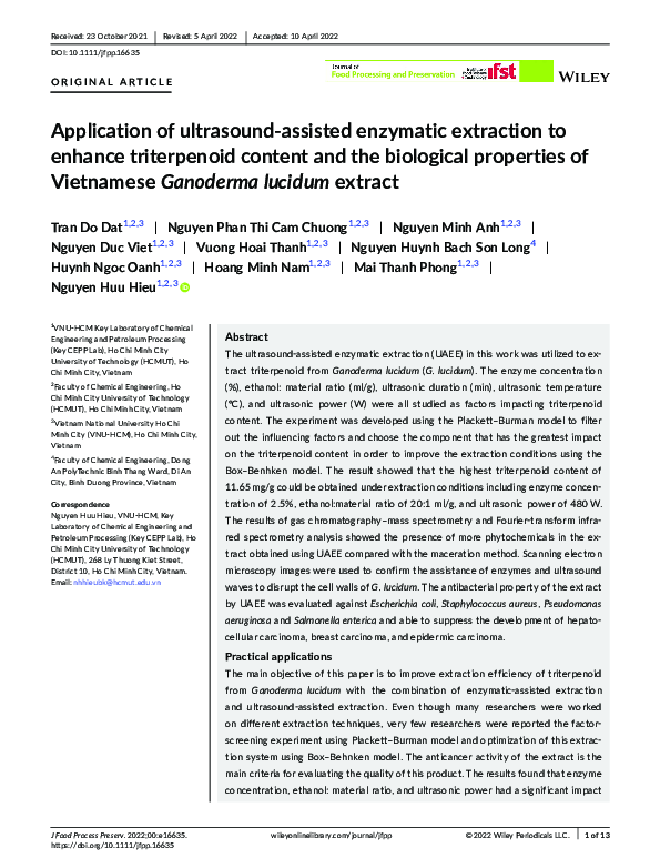 Pdf Application Of Ultrasound Assisted Enzymatic Extraction To Enhance Triterpenoid Content