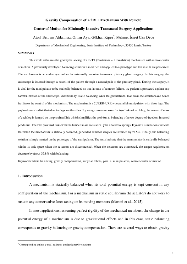 (PDF) Gravity Balancing for 2R1T Surgery Mechanism