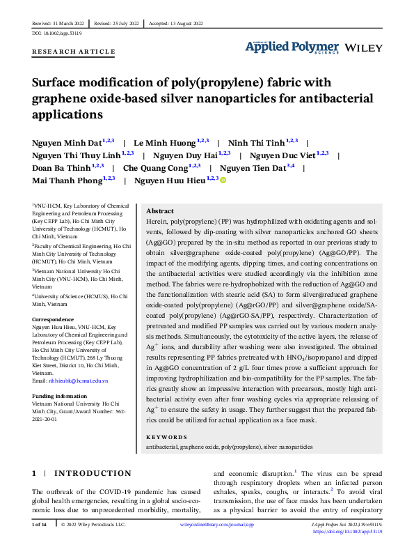 (PDF) Surface modification of poly(propylene) fabric with graphene oxide-based silver ...
