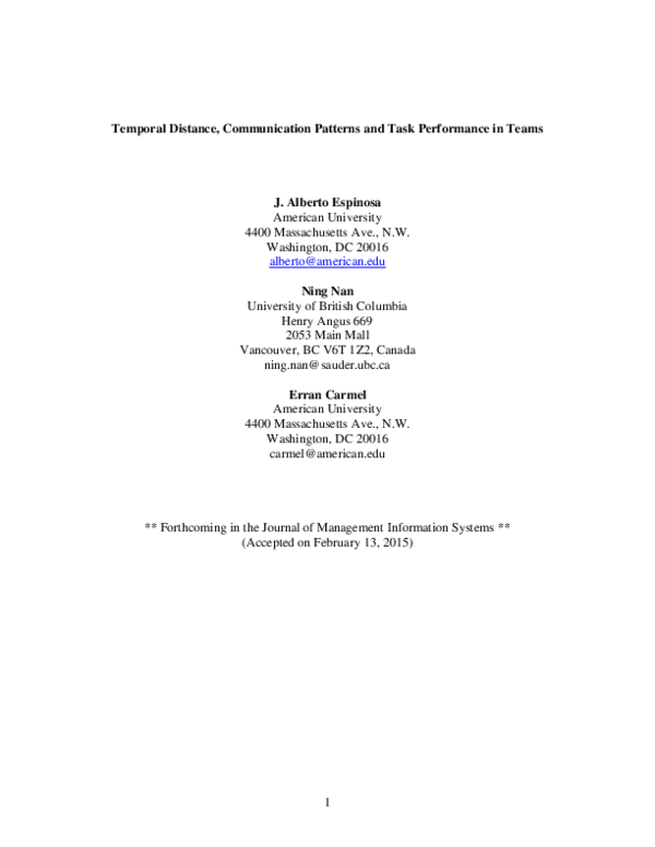Pdf Temporal Distance Communication Patterns And Task Performance In Teams