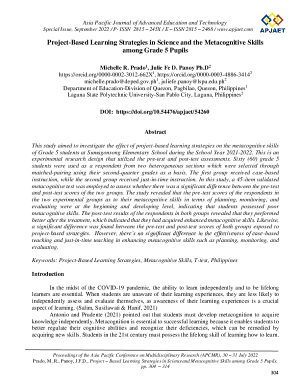 Pdf Project Based Learning Strategies In Science And The Metacognitive Skills Among Grade 5 Pupils