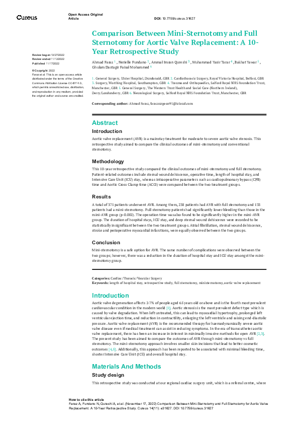 (PDF) Comparison Between Mini-Sternotomy and Full Sternotomy for Aortic ...