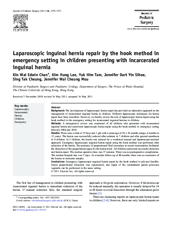 (PDF) Laparoscopic inguinal hernia repair by the hook method in emergency setting in children ...