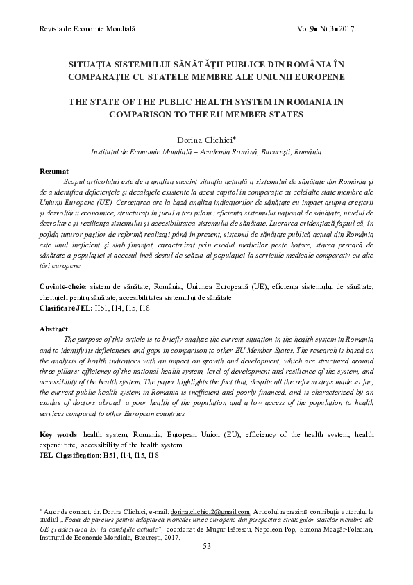 (PDF) The State Of The Public Health System In Romania In Comparison To ...