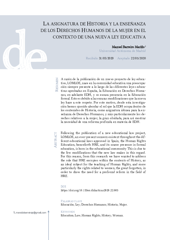 (PDF) La asignatura de Historia y la enseñanza de los Derechos Humanos de la mujer en el ...