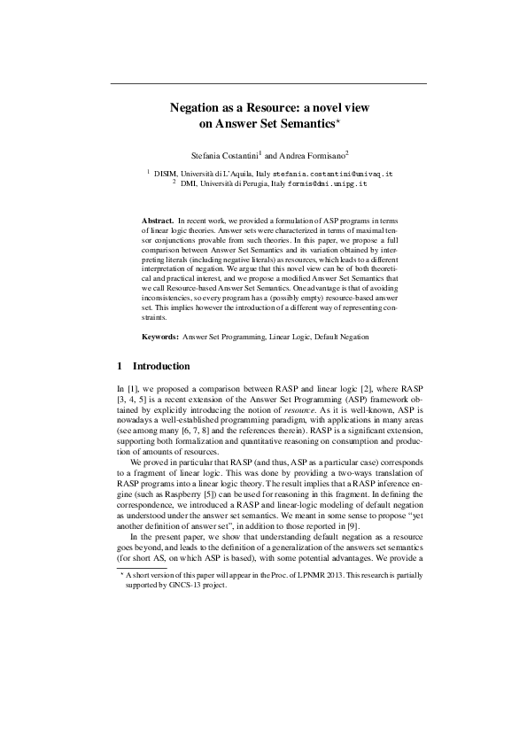 (PDF) Negation as a resource: A novel view on answer set semantics