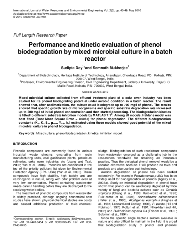 (PDF) Performance and kinetic evaluation of phenol biodegradation by mixed microbial culture in ...