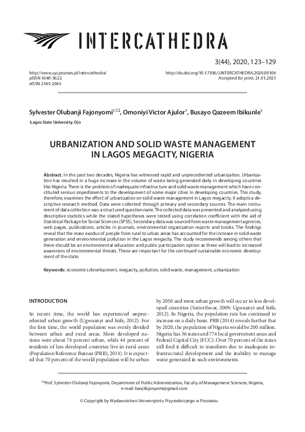 (PDF) Urbanization and Solid Waste Management in Lagos Megacity, Nigeria
