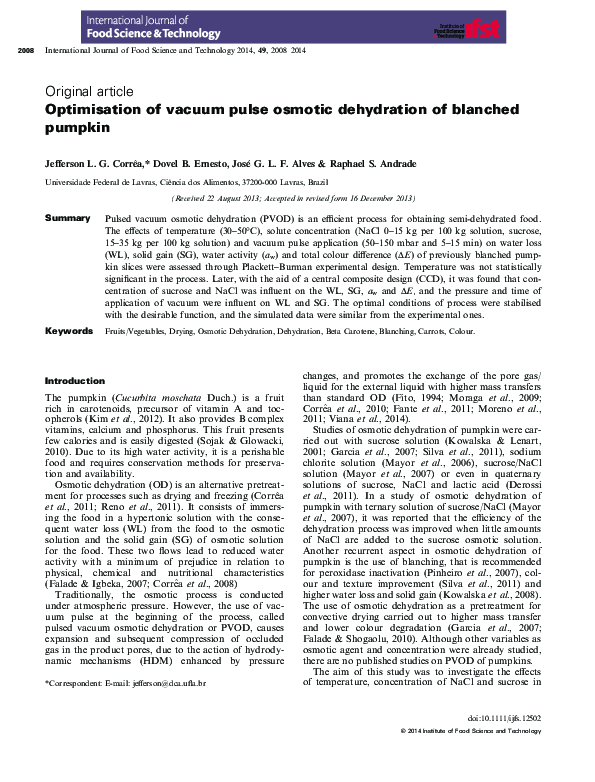 (PDF) Optimisation of vacuum pulse osmotic dehydration of blanched pumpkin