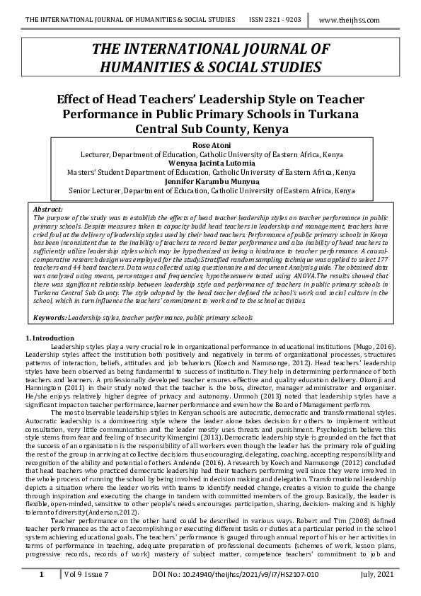 (PDF) Effect of Head Teachers’ Leadership Style on Teacher Performance ...
