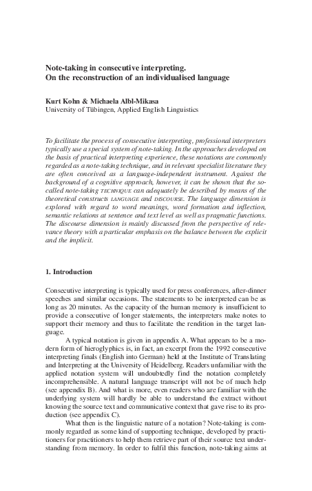 (PDF) Note-taking in consecutive interpreting. On the reconstruction of an individualised language