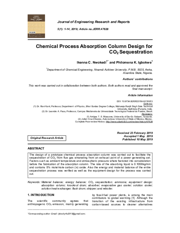 (PDF) Chemical Process Absorption Column Design for CO2 Sequestration