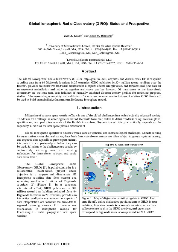 (PDF) Global Ionospheric Radio Observatory (GIRO): Status and prospective