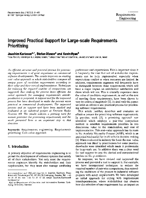 (PDF) Improved practical support for large-scale requirements prioritising